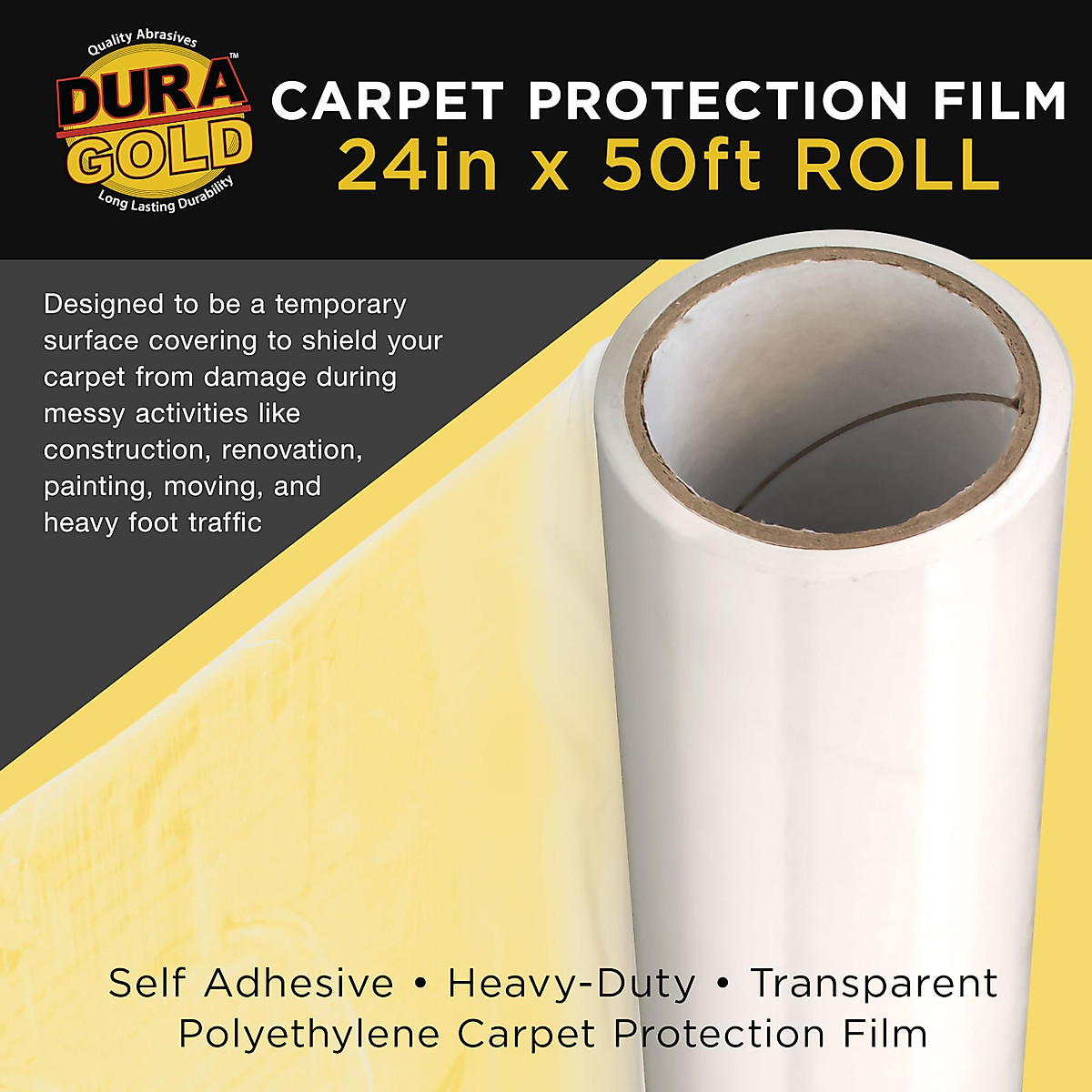 Dura-Gold Carpet Protection Film, 24-inch x 50' Roll - Clear Self Adhesive Temporary Carpet Protective Covering Tape - Protect Against Foot Traffic, Paint Spills, Dust, Construction Debris, Moving