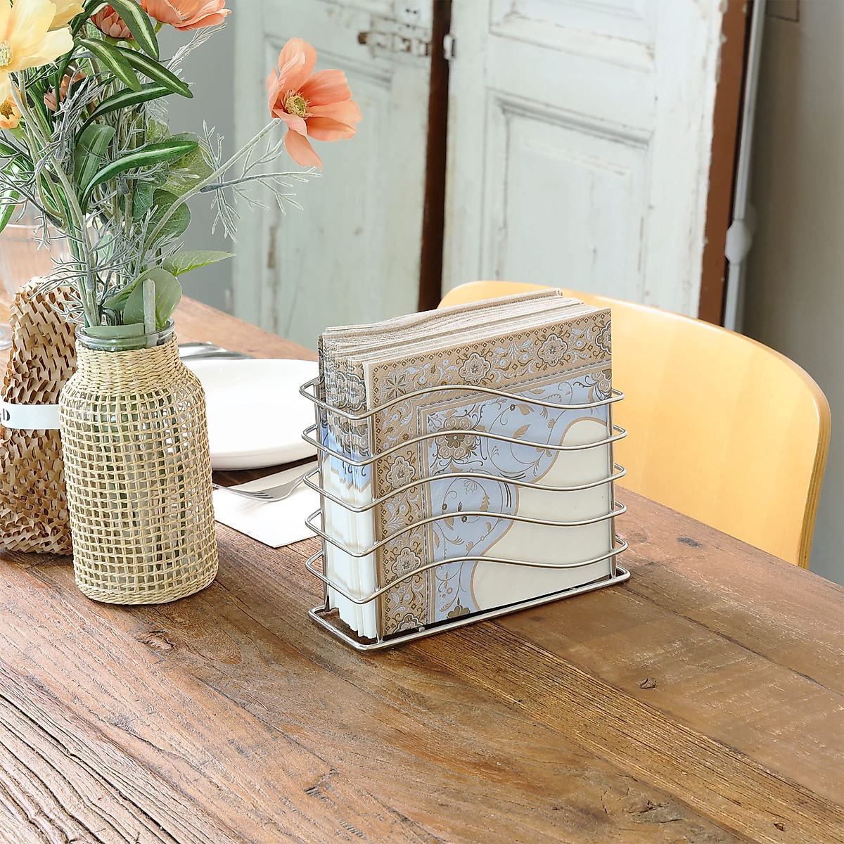 LEVIMETREE Silver Napkin Holder - Napkin Holders for Tables Modern Serviette Holder Tissue Dispenser Perfect for Outdoor Events - Decorative Clear Cocktail Napkin, servilleteros para mesas