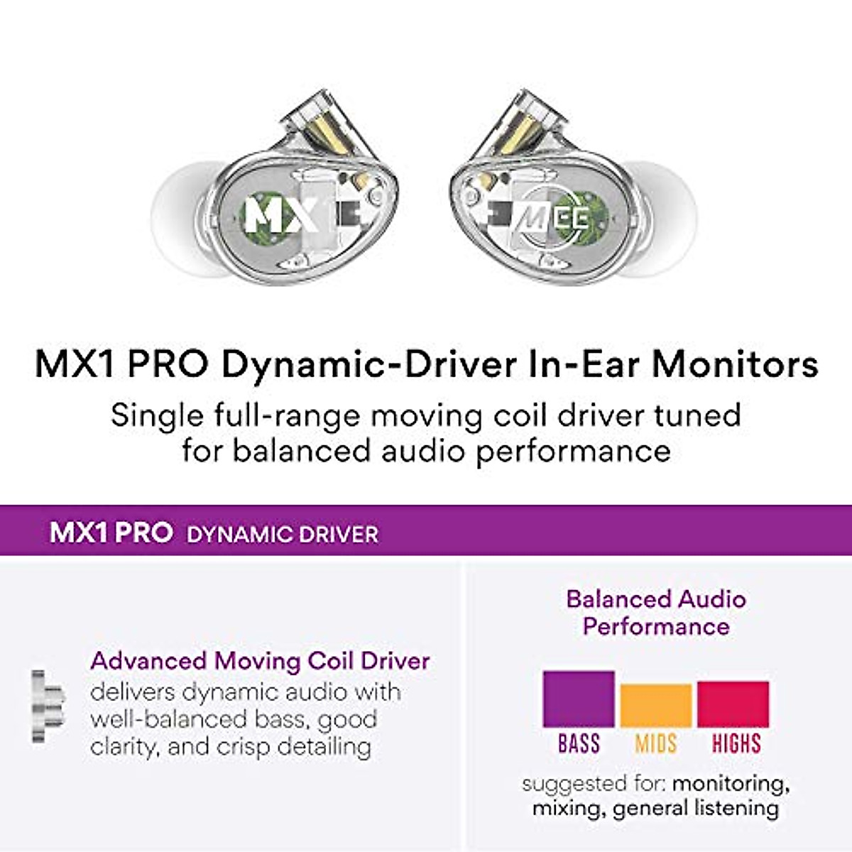 MEE Professional MX1 PRO Advanced Dynamic Driver Musician's In Ear Monitor Headphones with Balanced Sound; Noise Isolating Earbuds Earphones w/ Memory Wire, Optional Customization & Detachable Cables