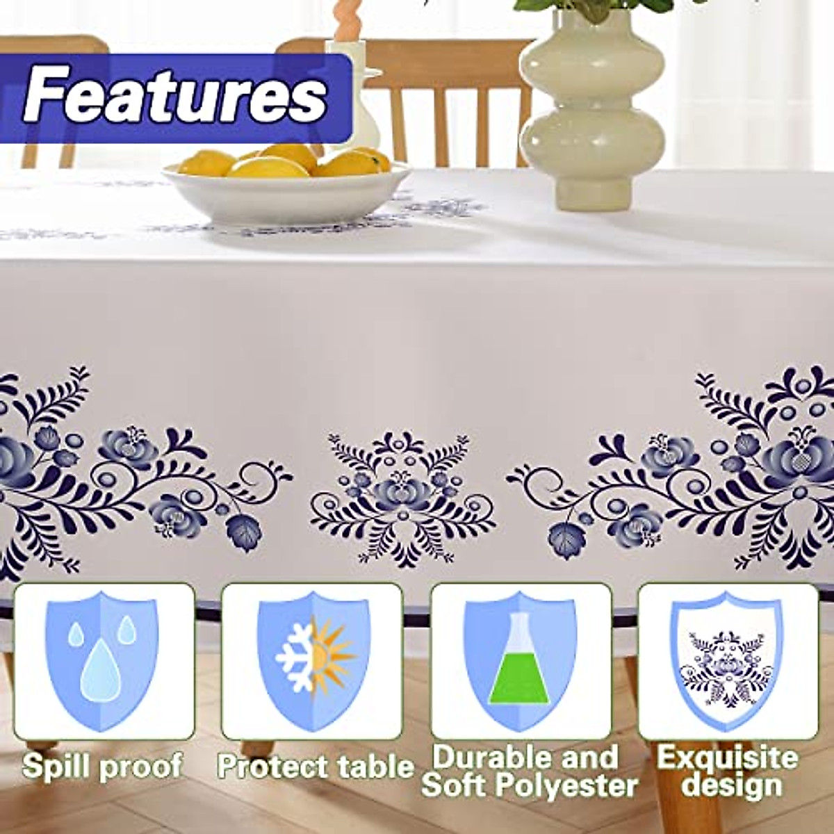 SASTYBALE Spring Ceramic/China Style Tablecloth, Blue and White Porcelain Tablecloth Spill Proof Stain Resistant Tablecloth for Kitchen Dining Picnic Party (52" x 70", Rectangle/Oblong(4-6 Seats))