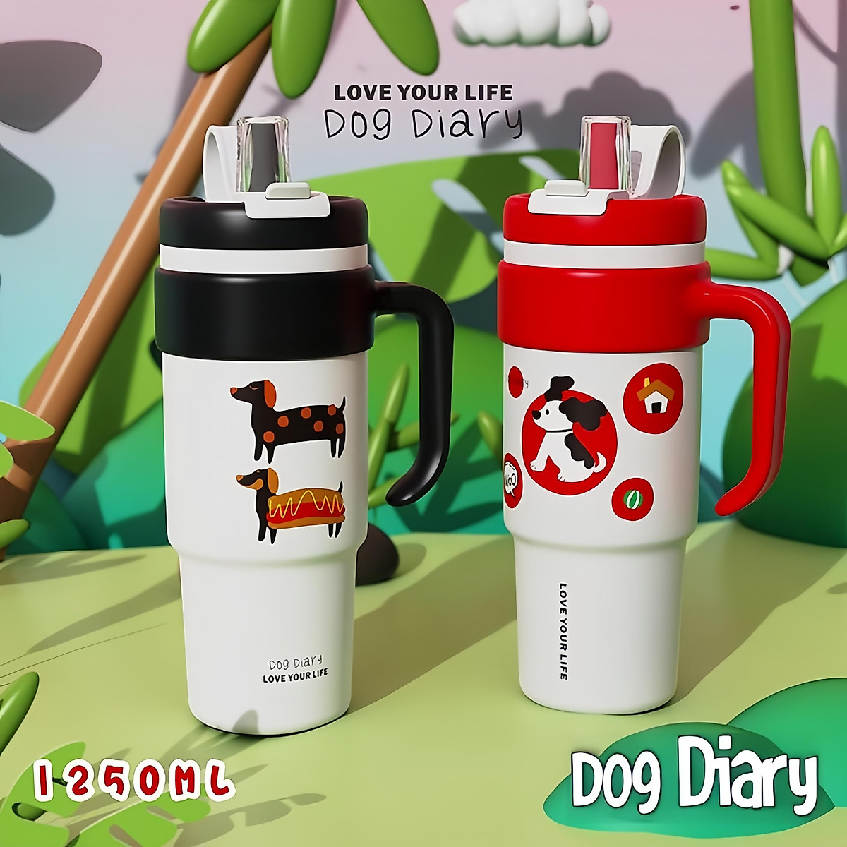 IRNATO Family Size Thermos Mug 316 Stainless Steel With Handle, Leak-proof, Can Be Freely Matched With Family Combinations, Cute Pet Logo, Easy To Carry, Full Of Flowers And Cute Pets12OZ,20OZ,40OZ