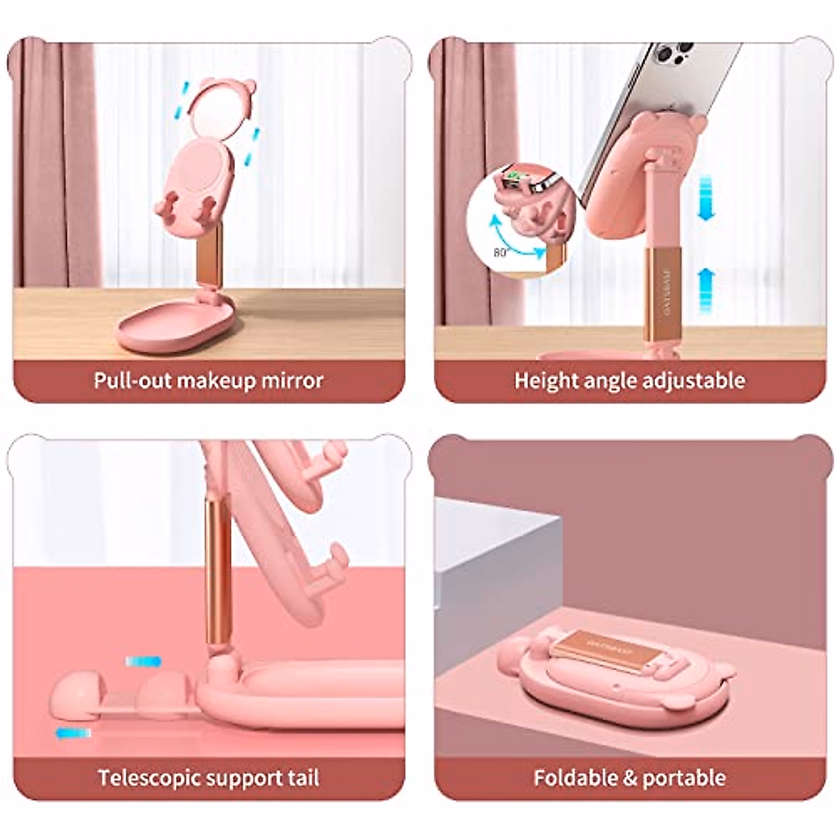 xuenair Pink Phone Stand for Desk Cute,Foldable Adjustable Cell Phone Stand, Kawaii Portable Phone Holder for All Cell Phones iPhone 11 12 13 Pro Max Sumsung ipad Switch Kindle Google