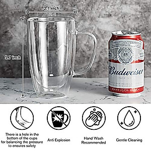 MEWAY 16oz Double Wall Glass Coffee Mugs with Handle,Insulated Coffee Glass,Clear Espresso Cups,Glass Cappuccino Cups,Tea Cups,Latte Cups,Beverage Glasses,Heat Resistant,2 Pack