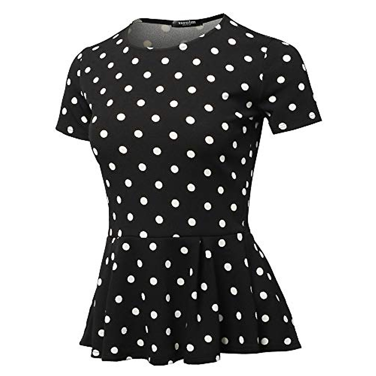 SSOULM Women's Classic Stretchy Short Sleeve Flare Peplum Blouse Top BLACKPOLKADOT L
