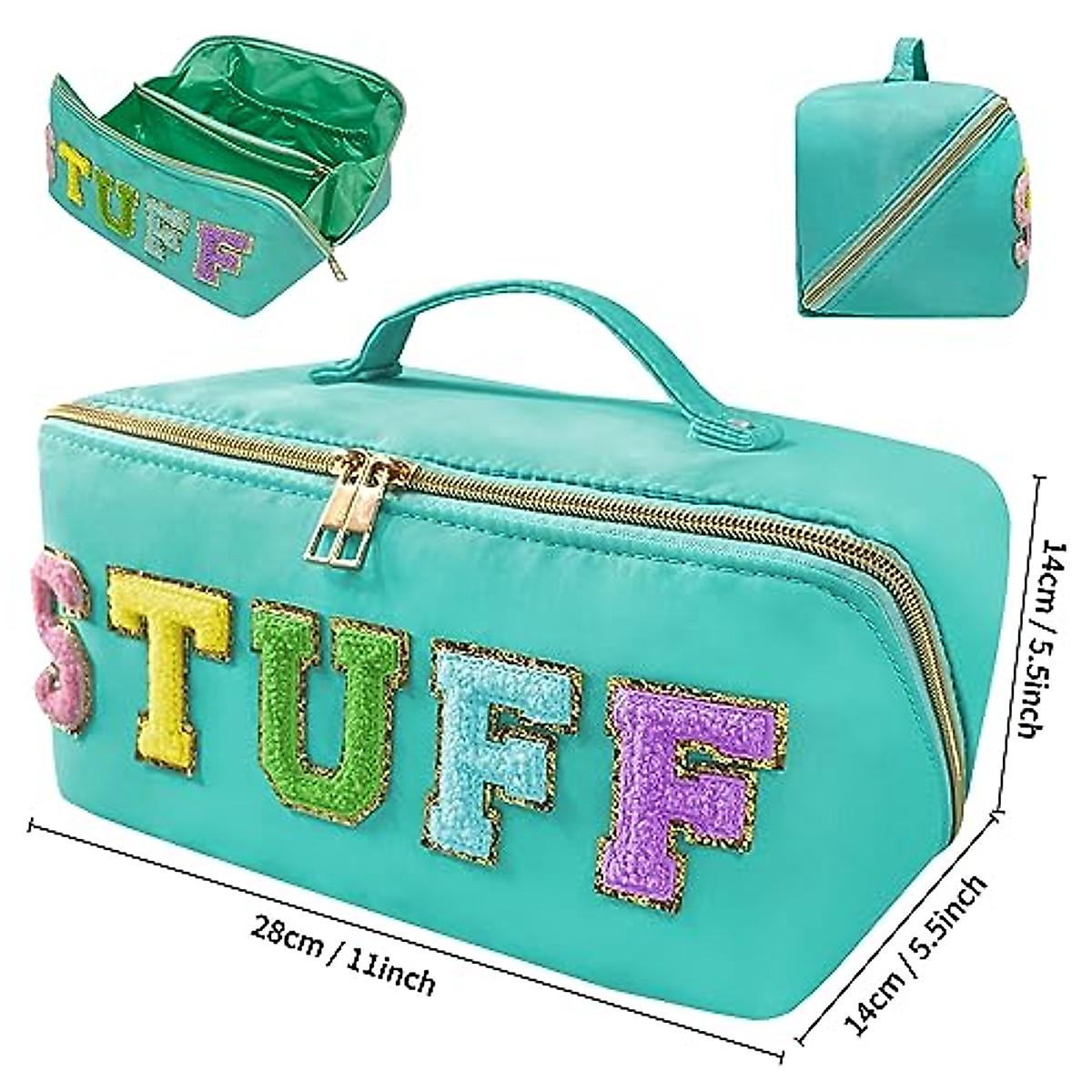 Huifen Stoney Clover Dupes Preppy Makeup Bag, Travel Cosmetic Bag Stuff Bag Chenille Letter Bag Large Capacity Nylon Bags Wide Open Falt Toiletry Bag Make up Organizer for Women Girls (Green)