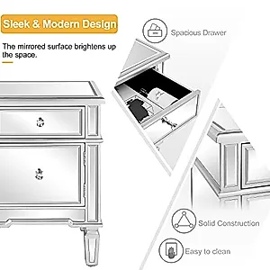 VINGLI Nightstands Set of 2 Mirrored Side Tables Glass End Table with Drawer for Bedroom, Silver