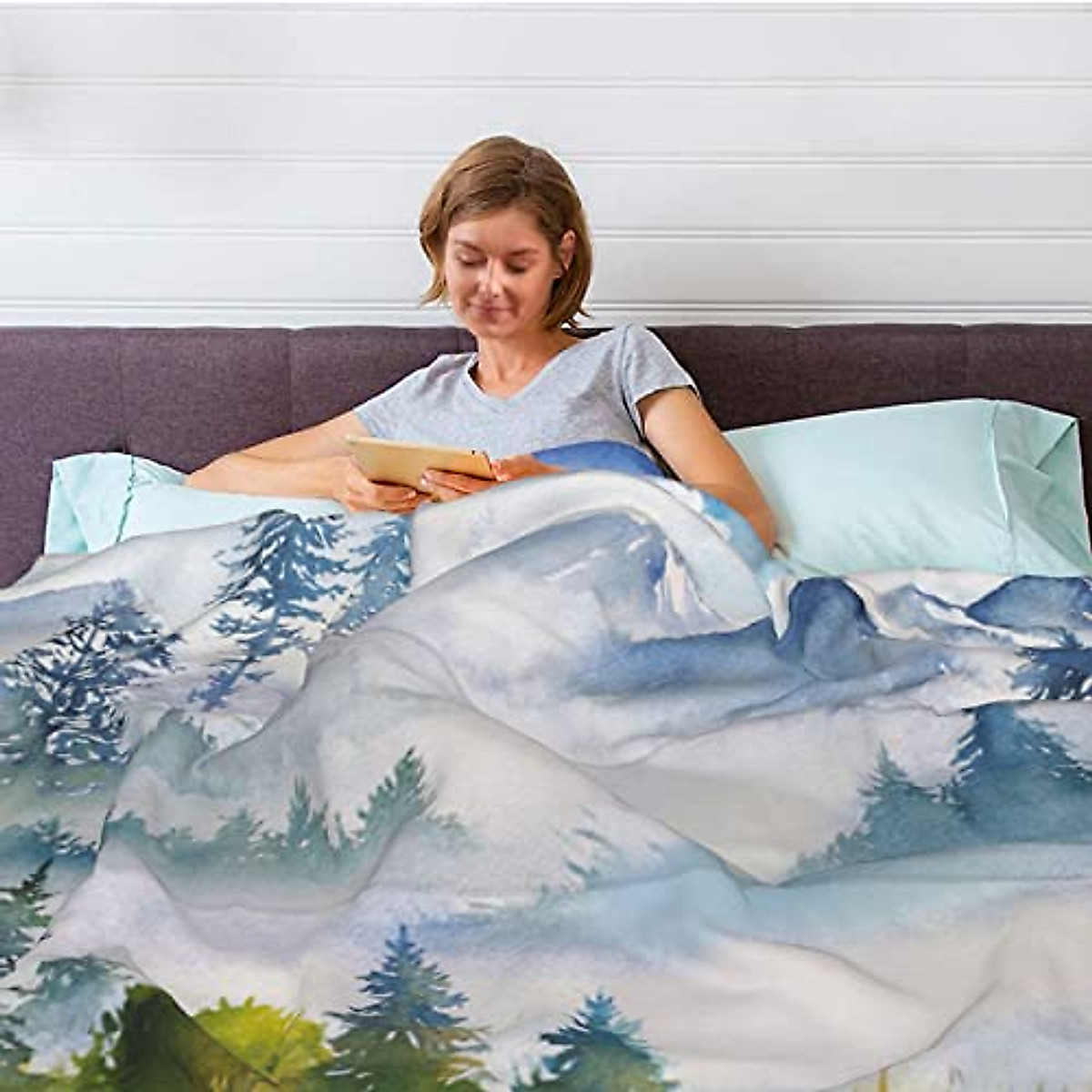 Mountains Forest Ultra-Soft Micro Fleece Throw Blanket,Mountain Watercolor Green Painting Nature Tree Forest,Custom Warm Lightweight Blanket for Couch Bed Living Room Bedroom Sofa 50"x40"
