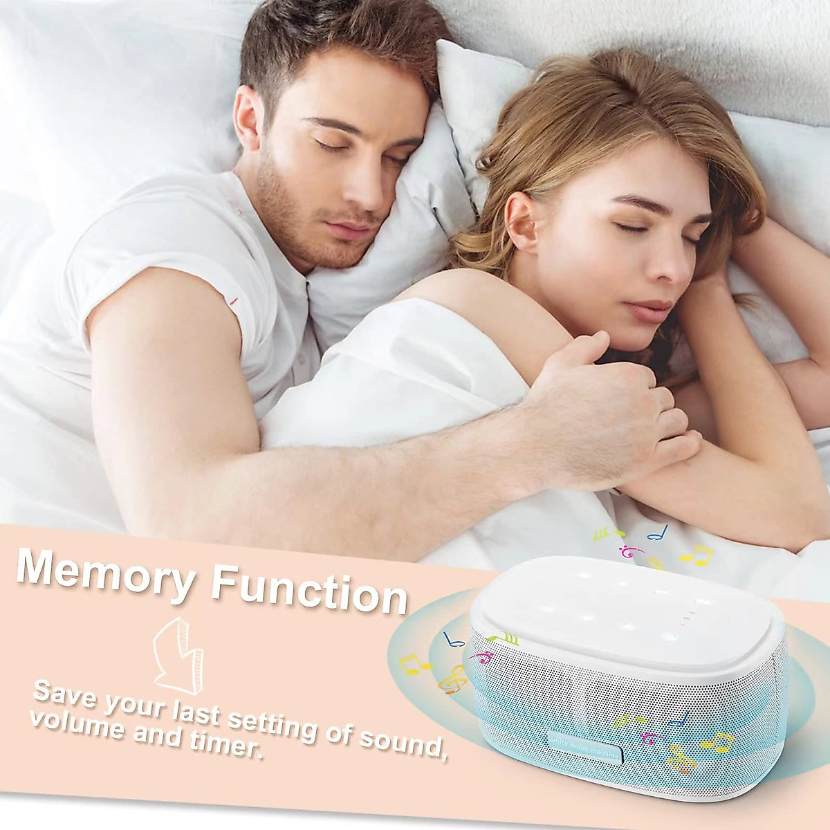 Portable White Noise Machine with 20 Natural Soothing Sounds|Memory Function|Adjustable Volume|AC or USB Rechargeable|3 Timer Sleep Sound Machine for Baby Kids Adults, Home, Travel, Office (White)
