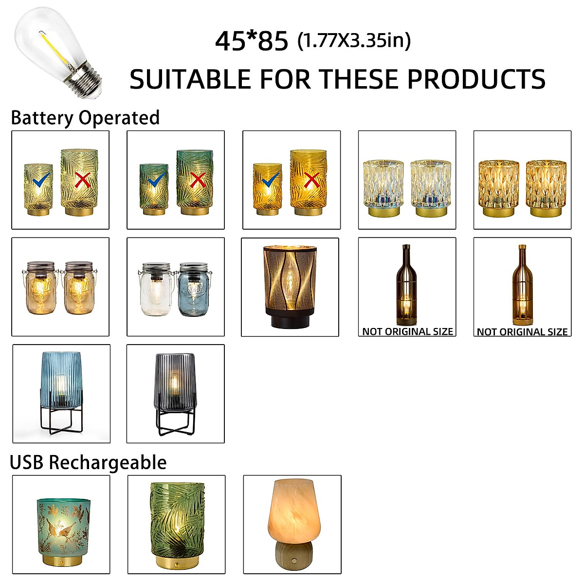 MJ PREMIER LED Light Bulb E27 Base Replacement Bulbs 3V Customized Special Table Lamp Battery Operated Warm White Light(45 * 85)