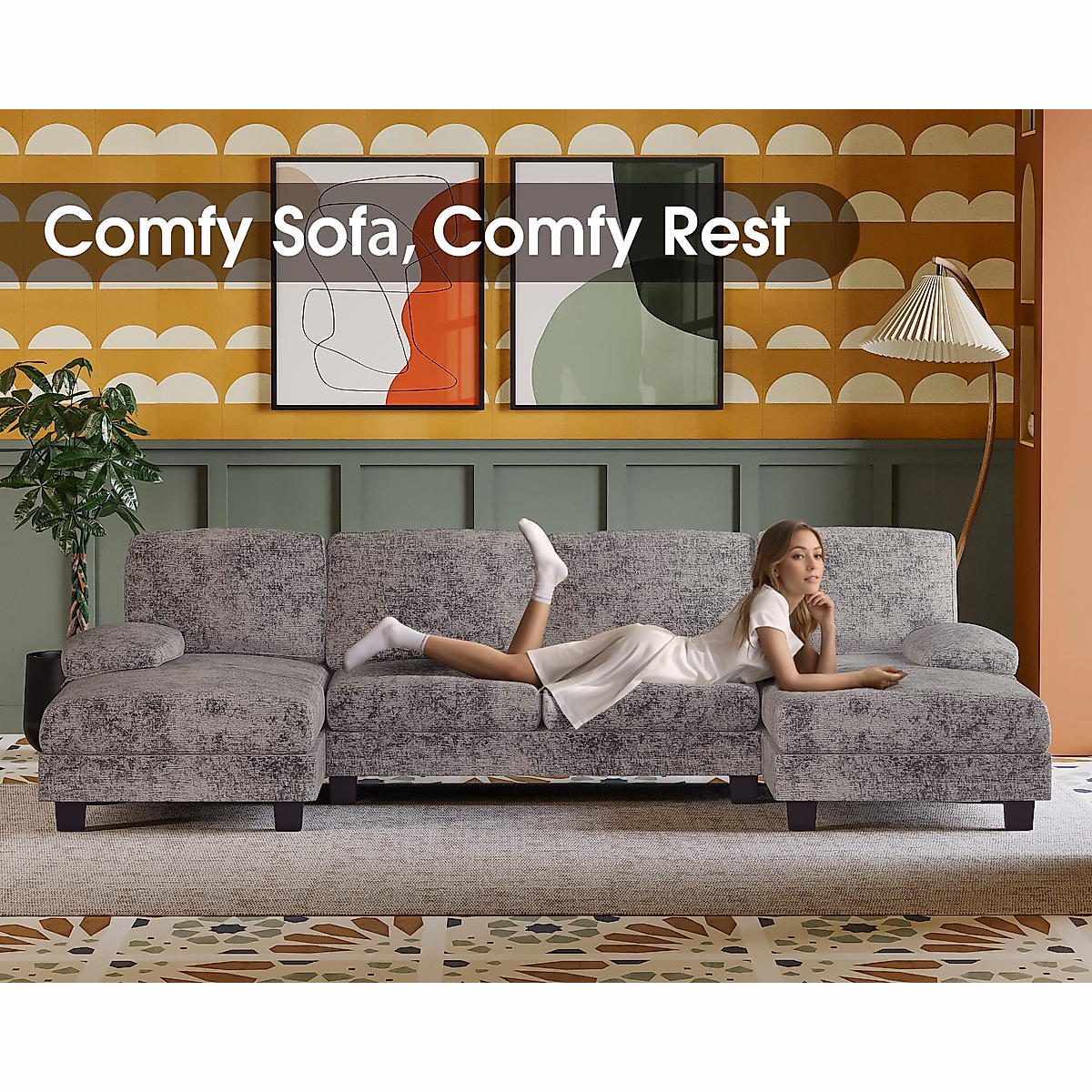 Furmax Sectional Couches for Living Room, U-Shaped Sofa Couch with Linen Fabric, 4 Seat Sofa Set with Double Chaise for Apartment (Fabric, Grey)