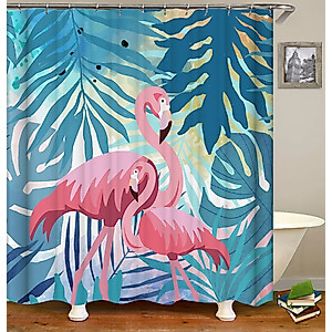 Shower Curtains, Funny Pink Flamingo Green Monstera Tropical Birds Green Palm Banana Leaf Bath Curtain 72 x 72 Inch Polyester Fabric Bathroom Curtain Set with 12 Hooks