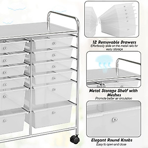 COSTWAY 12-Drawer Rolling Storage Cart, Moveable Art Craft Organizer W/Lockable Wheels, Metal Shelf, Files Arrangement Tools Makeup Storage Cart for Office, Home, School (Clear)