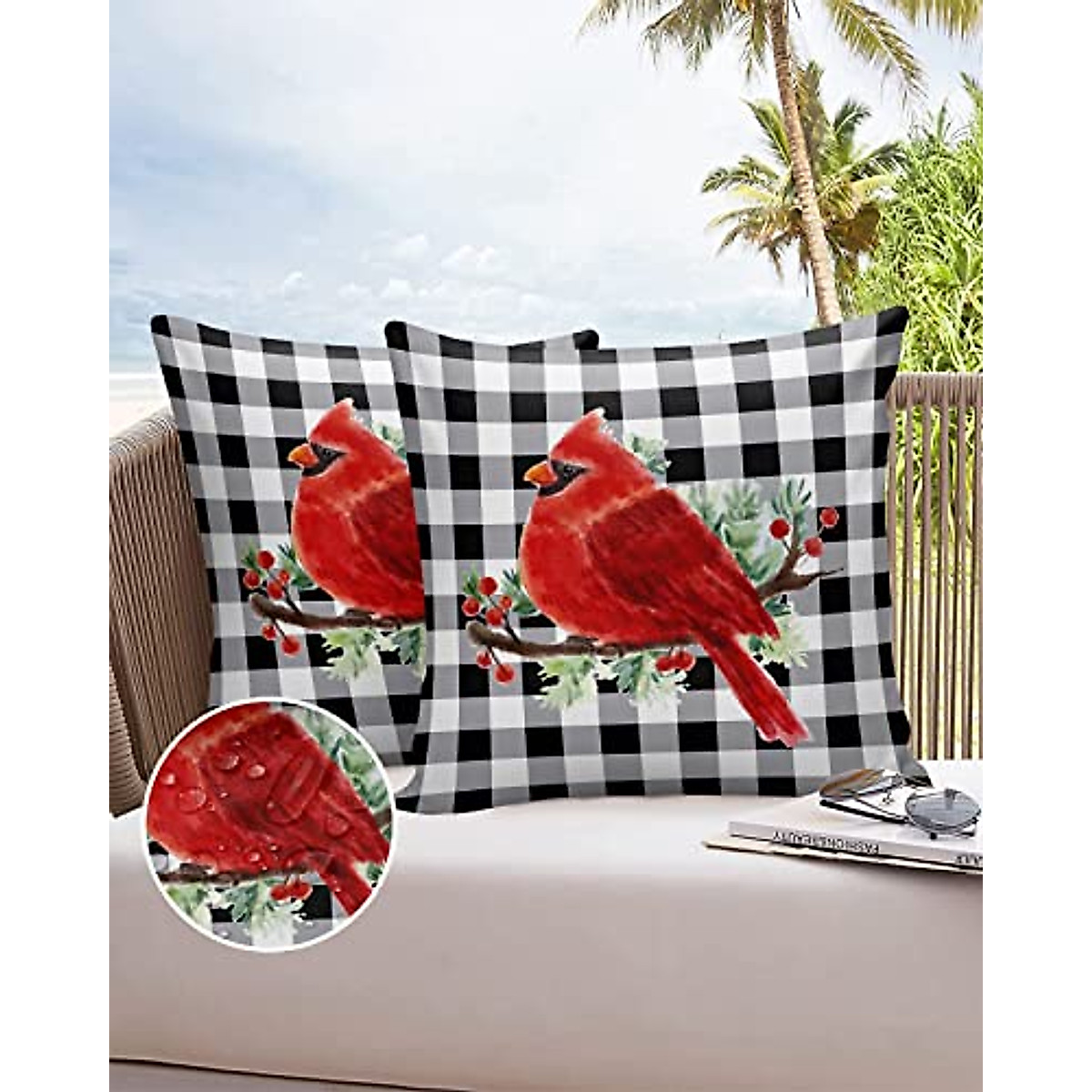 Vandarllin Outdoor Throw Pillows Covers 20X20 Set of 2 Waterproof Red Cardinals Decorative Zippered Lumbar Cushion Covers for Patio Furniture, White Black Buffalo Check Plaid