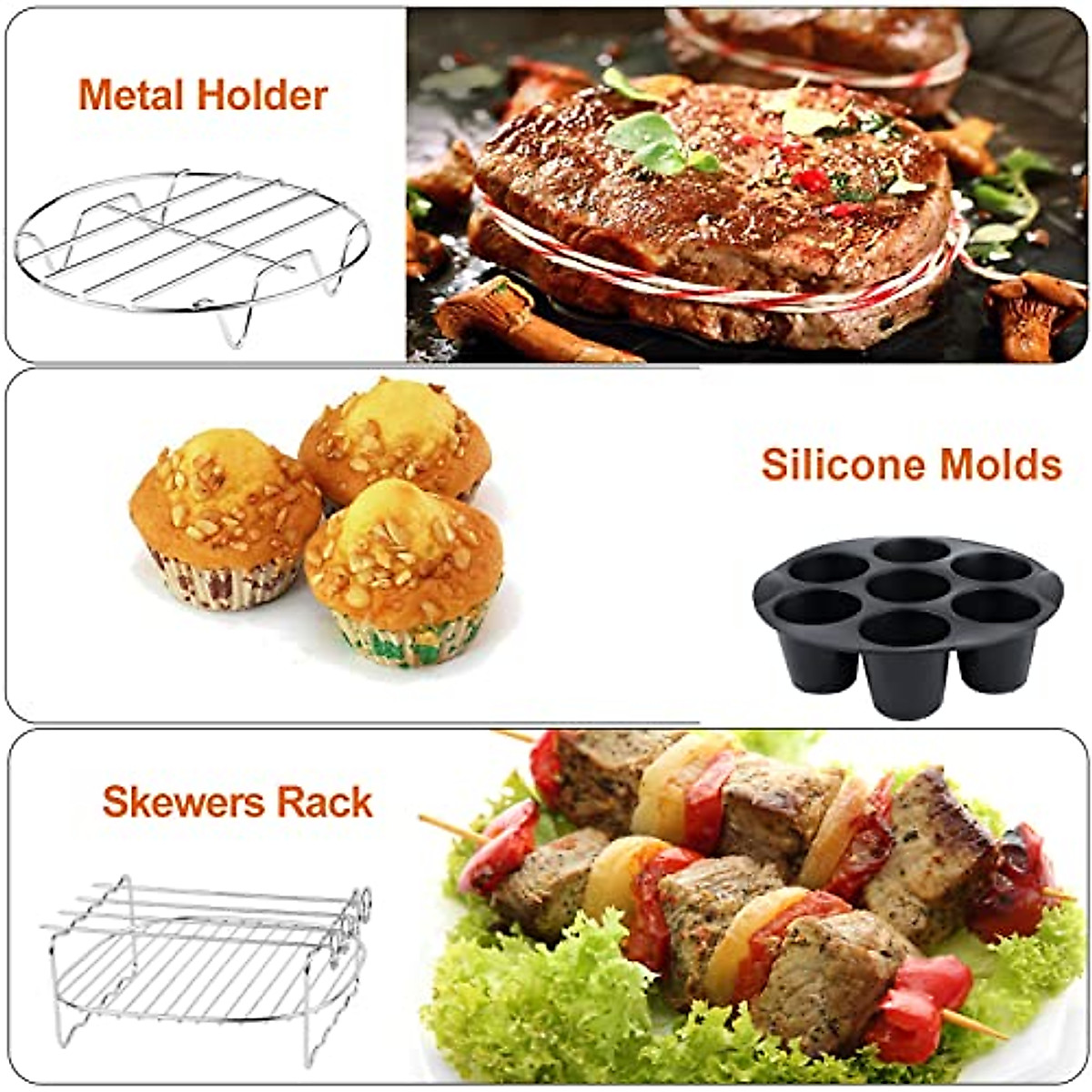 Air Fryer Accessories for COSORI Ninja Gourmia Dash Power XL 3.6 4.2 5.8QT Air Fryer, 12 PCS Air Fryer Accessory with Oven Cake Pan Pizza Pan Air Fryer Liner