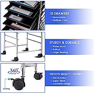 BestComfort Rolling Storage Cart with 10 Drawers, Mobile Utility Cart Storage Organizer with Lockable Casters, Multipurpose Storage Organizer Cart for School Office Home Beauty Salon