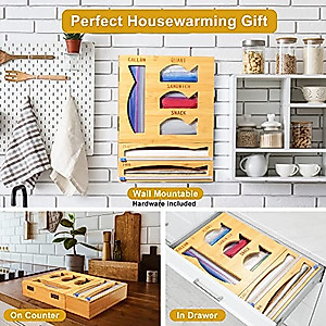 6 Slots Bamboo Wall mountable Ziplock Bag Storage Organizer and Foil & Plastic Wrap Dispenser with Cutter, for Kitchen Drawer, Counter Top, Pantry, Compatible with Gallon, Quart, Sandwich, Snack Bag