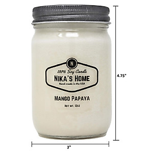 Nika's Home Mango Papaya Soy Candle - 12oz Mason Jar - Non-Toxic Soy Candle-Hand Poured Candle- Handmade, Long Burning Candle-Highly Scented Candle-All Natural, Clean Burning Candle