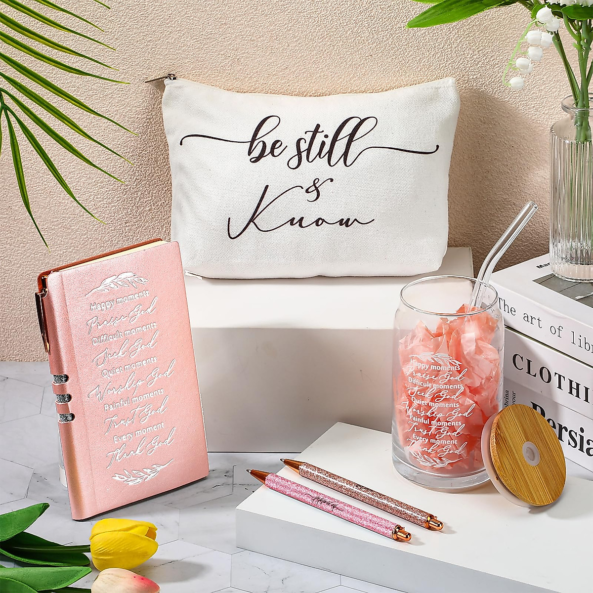 Spakon 6 Pcs Christian Gifts for Women Bible Verse A6 Leather Journal Notebook 16 oz Glass Cup Glitter Ballpoint Pen Makeup Bag Inspirational Gifts Sunday School Teacher Appreciation Day(Rose Gold)