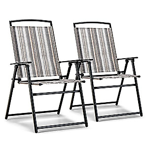 Tangkula Patio Folding Chairs Set of 2, Portable Sling Lawn Chairs with Metal Frame, Footpads, 330 lbs Load Capacity, Outdoor Patio Dining Chairs for Porch Patio Garden Backyard, No Assembly