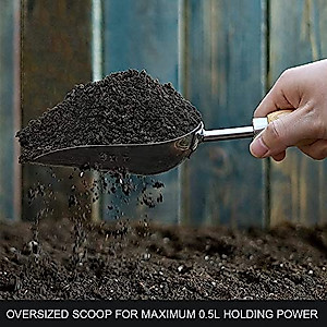 Gardtech Garden Hand Fertilizer Scoop, Soil Shovel, Heavy Duty Stainless Steel Trowel for Food and Ice, Large Capacity Multi-purpose Scoop with Wooden Handle for Petting Kitchen Use-with Wooden Handle