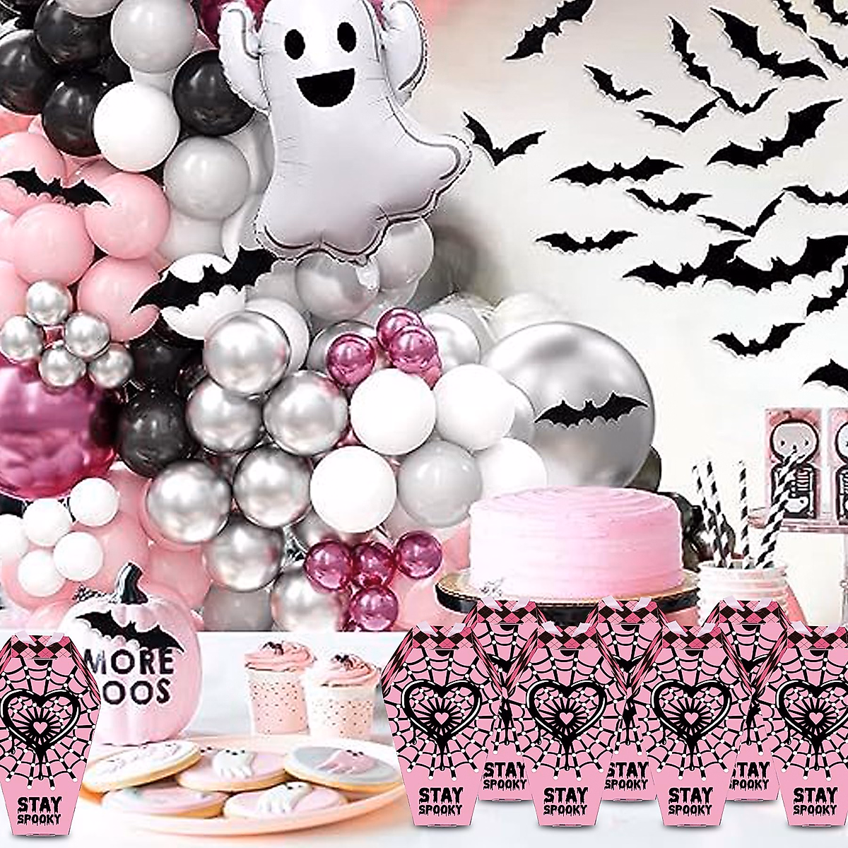 HOMEZZO 24 Pcs Pink Spider Web Coffin Boxes, Spooky Goth Black Conquette Halloween Coffin Paper Candy Treat Gift Boxes for Halloween Party Decorations