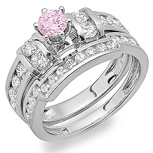 Dazzlingrock Collection 14K Pink Sapphire & White Diamond Women Engagement Ring Wedding Band Set, White Gold, Size 8.5