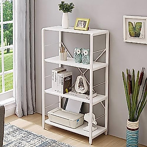 EXCEFUR Rustic Bookshelf and Bookcase, Industrial Metal and Wood Book Shelves, 4-Tier Shelving Unit for Living Room Bedroom, White Oak