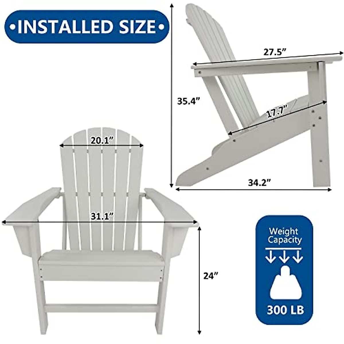 PIZATO Modern Adirondack Chair, HDPE Material Weather Resistant Not Fade & Crack Composite Adirondack Chairs Fire Pit Chairs for Backyard Garden Lawn Porch, White