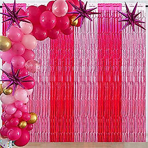 Hot Pink Birthday Decorations Backdrop, Pink and Hot Pink Foil Fringe Curtains Photo Streamers for Girl Sweet Birthday Theme Valentine's Day Wedding Anniversatry Party Decortions (3Pack)