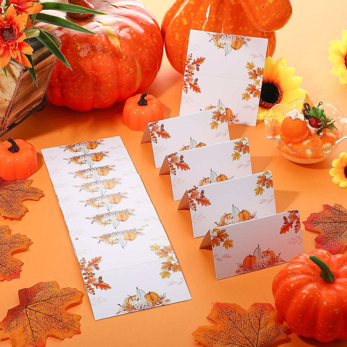 100 Pcs Thanksgiving Place Card Fall Table Place Card Pumpkin Place Card Guest Seating Tent Card Folded Name Card for Thanksgiving Bridal Shower Birthday Harvest Party Supplies, 3.5 x 3.9 Inch