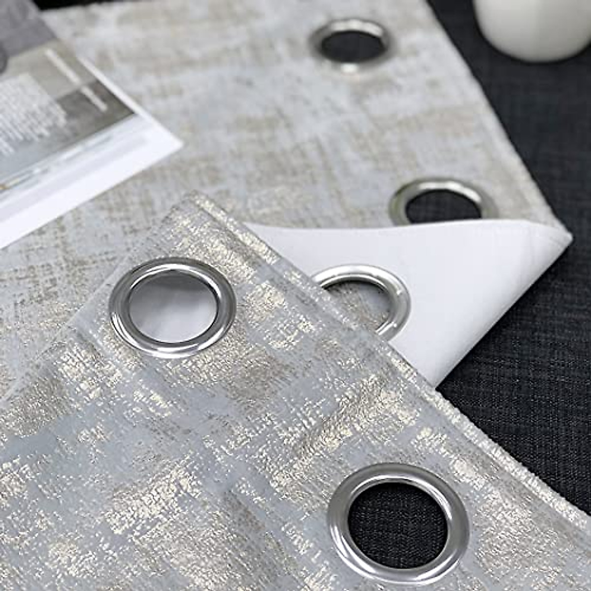 always4u 100% Blackout Soft Velvet Curtains for Bedroom Living Room Thermal Energy Saving 63 Inches Long Luxury Gold Foil Print Drapes 2 Panels Silver