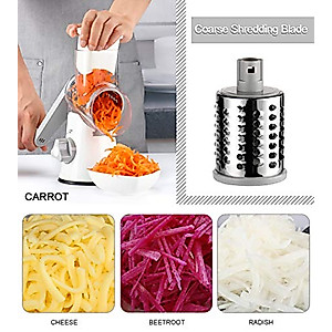 Ourokhome Rotary Cheese Grater Shredder - 3 Drum Blades Manual Speed Round Food Slicer Nut Grinder with Strong Suction Base for Cheese, Vegetable, Walnut, Chocolate, Potato, Carrot, White Gray
