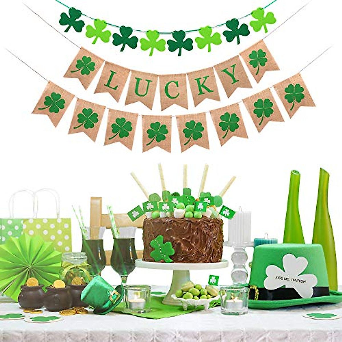 XIMISHOP St Patrick's Day Decorations, St.Patrick's Day Banner, Irish Felt Shamrock Clover Garland Burlap Banners，Irish Party Supplies - Green and Light Green Color