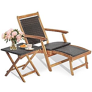 Tangkula Patio Lounge Chair and Side Table Set, Acacia Wood Wicker Folding Table and Armrest Chair with Retractable Ottoman, Acacia Wood Outdoor Chaise Lounger for Garden, Backyard, Poolside, Balcony