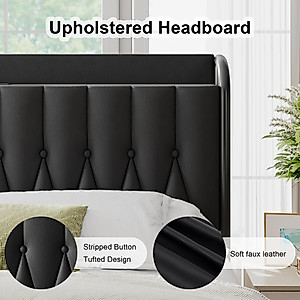 Feonase Leather Queen Bed Frame with Fast Charging Station,Queen Size Metal Platform Beds with Upholstered Headboard & Footboard,12" Underbed Storage Space,Easy Assembly,Noise-Free,Black