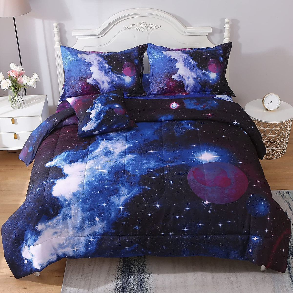 JQinHome Twin Galaxy Comforter Sets 6 Piece Bed in A Bag, Outer Space Themed Bedding for Children Boy Girl Teen Kids - (1 Comforter, 1 Flat Sheet, 1 Fitted Sheet, 2 Pillowshams, 1 Cushion Cover)