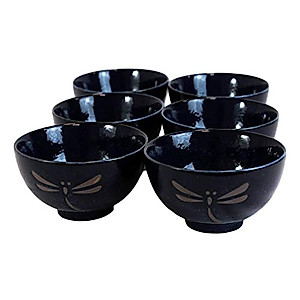 Ebros Pack Of 6 Made in Japan Midnight Blue Tombo Dragonfly Rice Soup Cereal Salad Dessert Stoneware Porcelain Bowls 4.5"D Home Decor Japanese Zen Fusion Accent Bowl Set Serveware Dinnerware