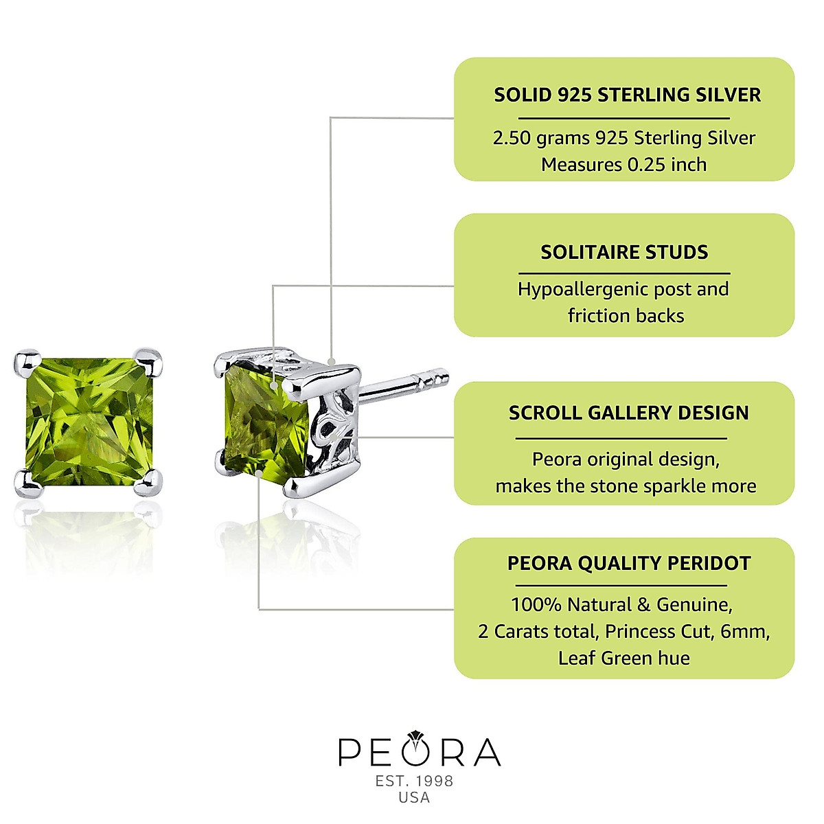 Peora Peridot Stud Earrings 925 Sterling Silver, Genuine Gemstone Birthstone Solitaire Scroll Gallery, 2 Carats Total, Princess Cut 6mm, Friction Backs