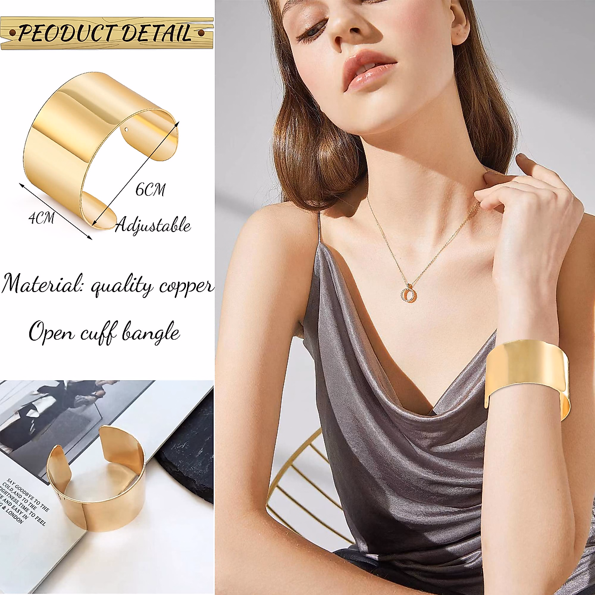 MOZAKA 2 Pcs Cuff Bangle Bracelet for Women Wide Open Cuff Bracelets Gold Sliver Wrist Cuff Wrap Bracelets Adjustable