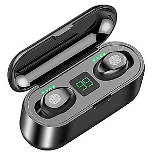BAHASYA Wireless Bluetooth Earbuds with Digital Charging Case, Built-in Mic, Noise Cancelling, Waterproof, Deep Bass Earphones, in Ear Stereo Headphones for Sport, Gym, Running, Gaming (Black)