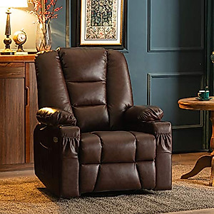MCombo Manual Swivel Glider Rocker Recliner Chair with Massage and Heat for Nursery, USB Ports, 2 Side Pockets and Cup Holders, Durable Faux Leather 8036 (Dark Brown)