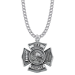 TrueFaithJewelry Sterling Silver Fire-Fighter Shield Medal Cross Pendant Necklace, 1 Inch