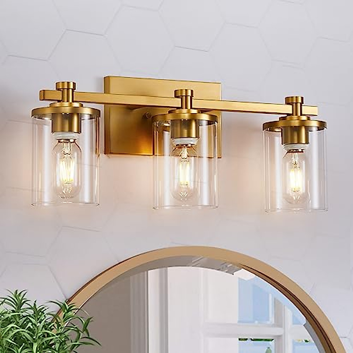 yenlacy 3 Light Bathroom Vanity Light Fixtures, Modern Gold Vanity Lights Over Mirror, Vintage Wall Sconce with Clear Glass Shade, Brushed Gold Vanity Lights for Bathroom