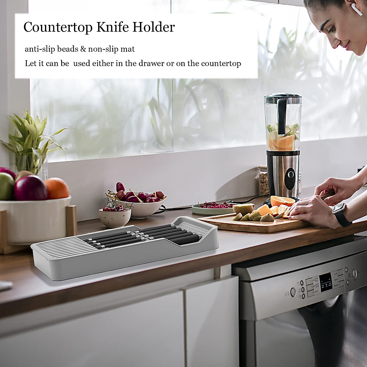 Mulikeer Knife Holder, In Drawer Knife Block Holder with Expandable Cutlery Tray Kitchen Drawer Organizer Insert-Holds 11 Knives for Save Space & Kitchen Safety (Drawer knife holder, Plastic)