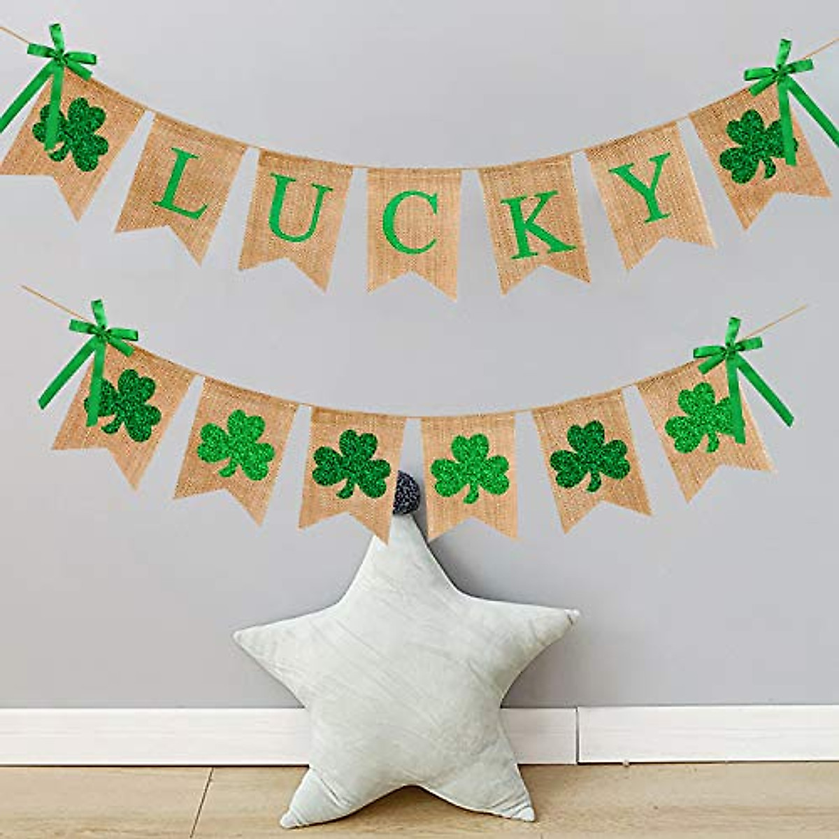 St. Patrick's Day Decorations Burlap Lucky Banner Glitter Shamrock Banner Green Clover Lucky Irish Party Banner for St. Patrick's Day Party, Green Theme Party, Spring Holiday Party Supplies