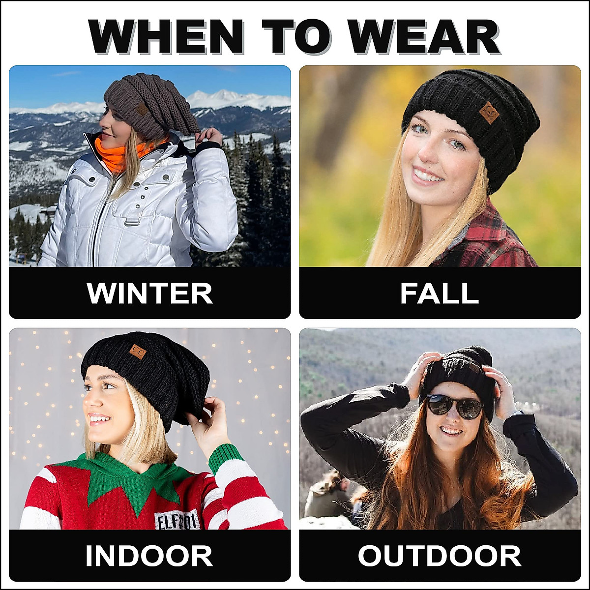 Funky Junque Trendy Warm Oversized Chunky Soft Oversized Cable Knit Slouchy Beanie (Black)