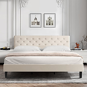 Catrimown King Size Upholstered Bed Frame with Button-Tufted Headboard, Linen Platform Bed with Wooden Slat Support, Mattress Foundation, Noise-Free Design, Easy Assembly - Beige