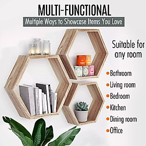 Zen Home Rustic Hexagon Floating Shelves, Set of 3, Honeycomb Shelves, Natural Wood, Kitchen, Bathroom, Living Room Home Decor, Guy Potted Plant, Artificial Hanging Plants, Wall Shelves (Rustic Brown)