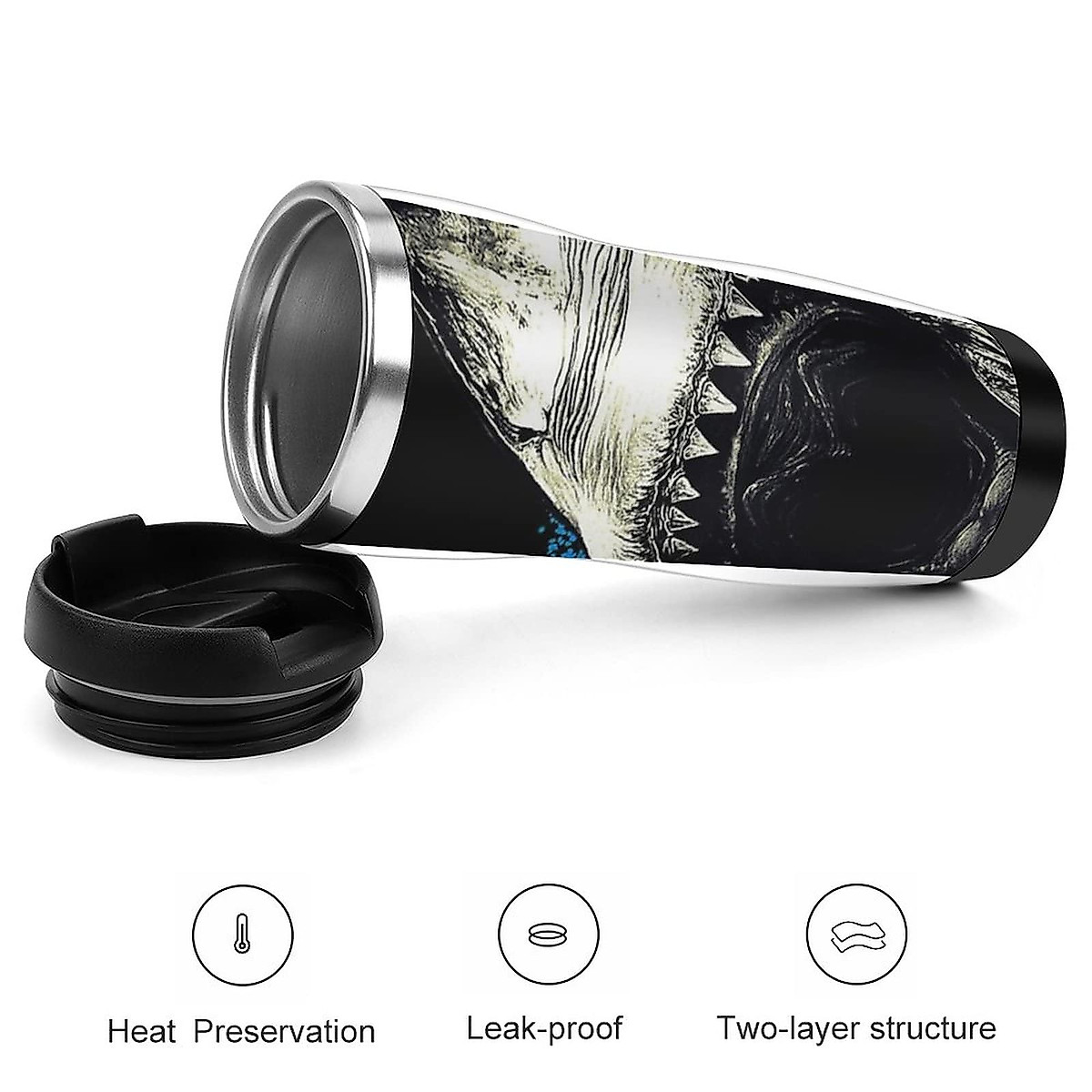 Evil Shark Teeth Travel Coffee Mugs with Lid Insulated Cups Stainless Steel Double Wall Water Bottle