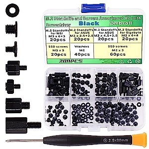 Zmbroll 200Pcs M.2 Screw Kit,Black M2 SSD Mounting Screws,NVMe Screw for Laptops,m.2 Standoff and Screw for Asus Gigabyte MSI Motherboards Screw with Screwdriver